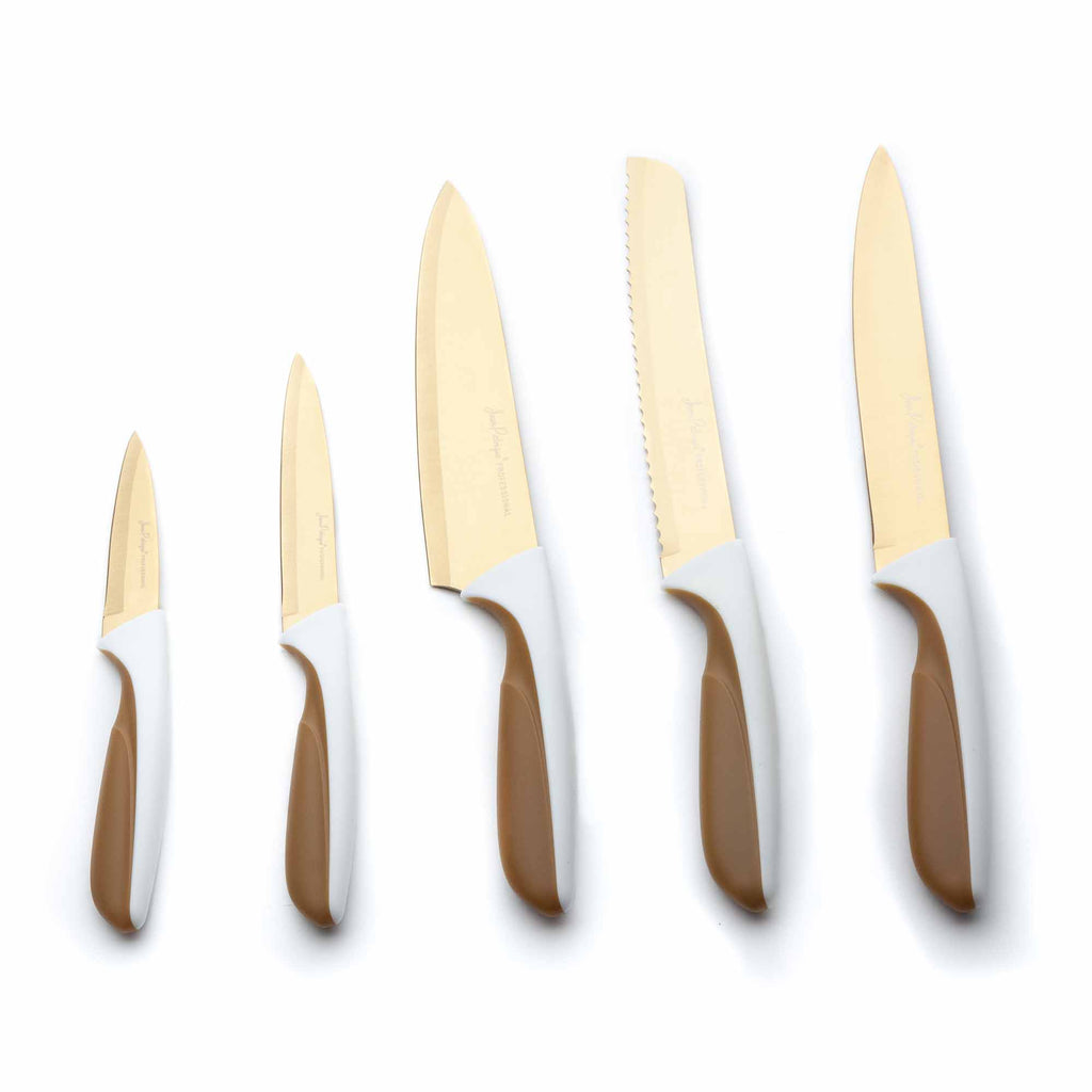 5-Piece Titanium Knife Set - White/Gold Handles – Jean Patrique ...